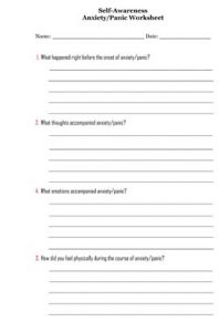 Self-Awareness Anxiety/Panic Worksheet - Small Business Free Forms