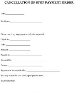 Cancellation of Stop Payment Order Letter - Small Business Free Forms