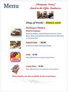 Lunch in the Office Fundraiser Menu - Small Business Free Forms